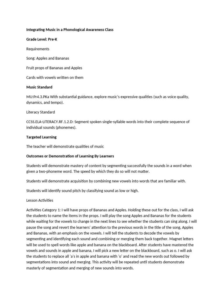 Lesson Plan Music in A Phonological Awareness Class | PDF | Vowel | Word