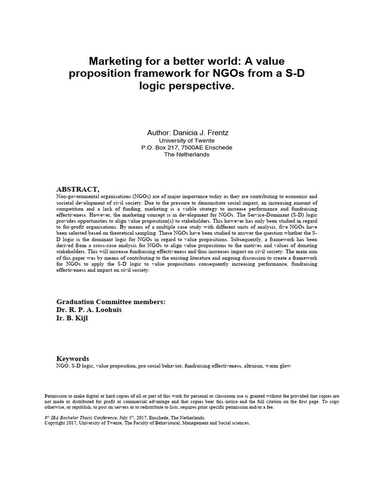 Frentz, D.J. 2017 - A Value Proposition Framework For NGOs From A S-D ...