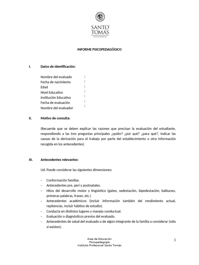 FORMATO DE INFORME PSICOPEDAGOGICO Prác. I | PDF | Evaluación | Comprensión lectora