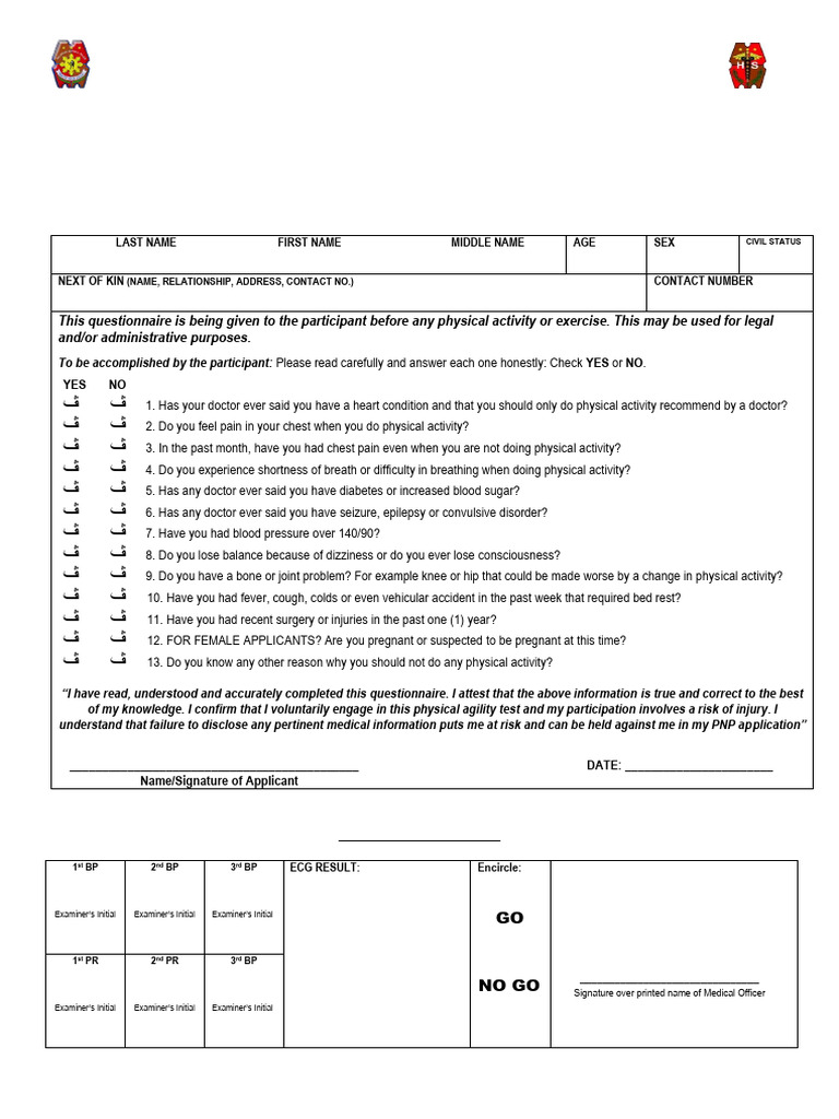 PNP Health Screening Form | PDF | Clinical Medicine | Diseases And ...