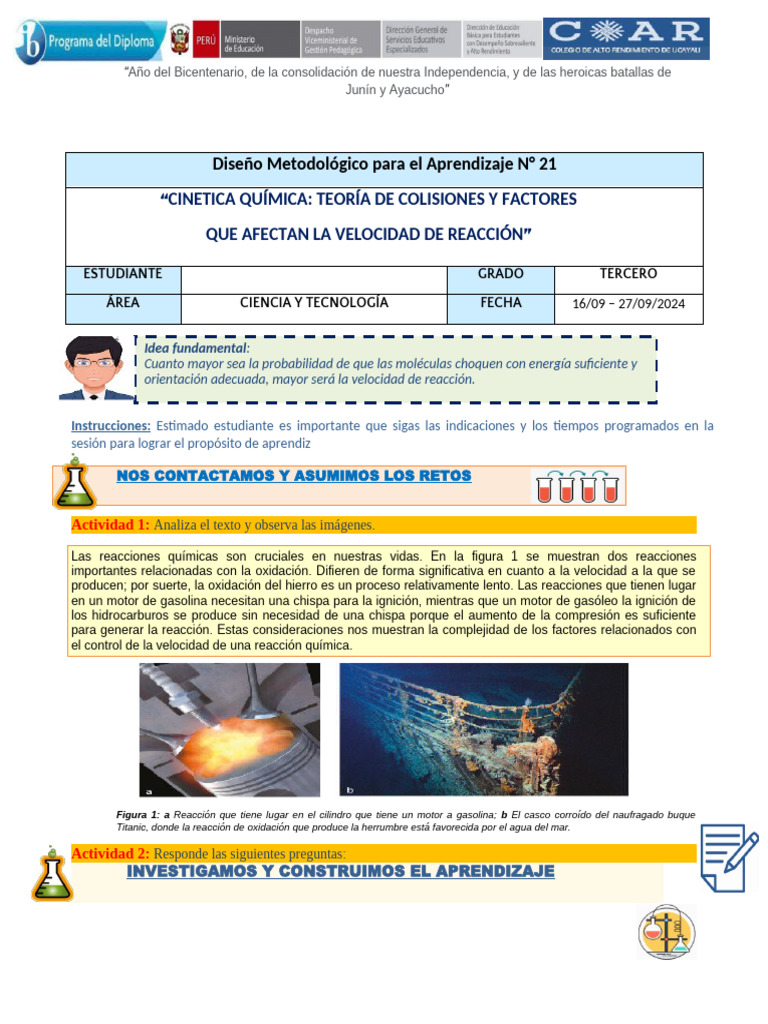 DMpA 21 - CyT - 3ER AÑO - COAR UCAYALI | PDF | Cinética química | Reacciones químicas