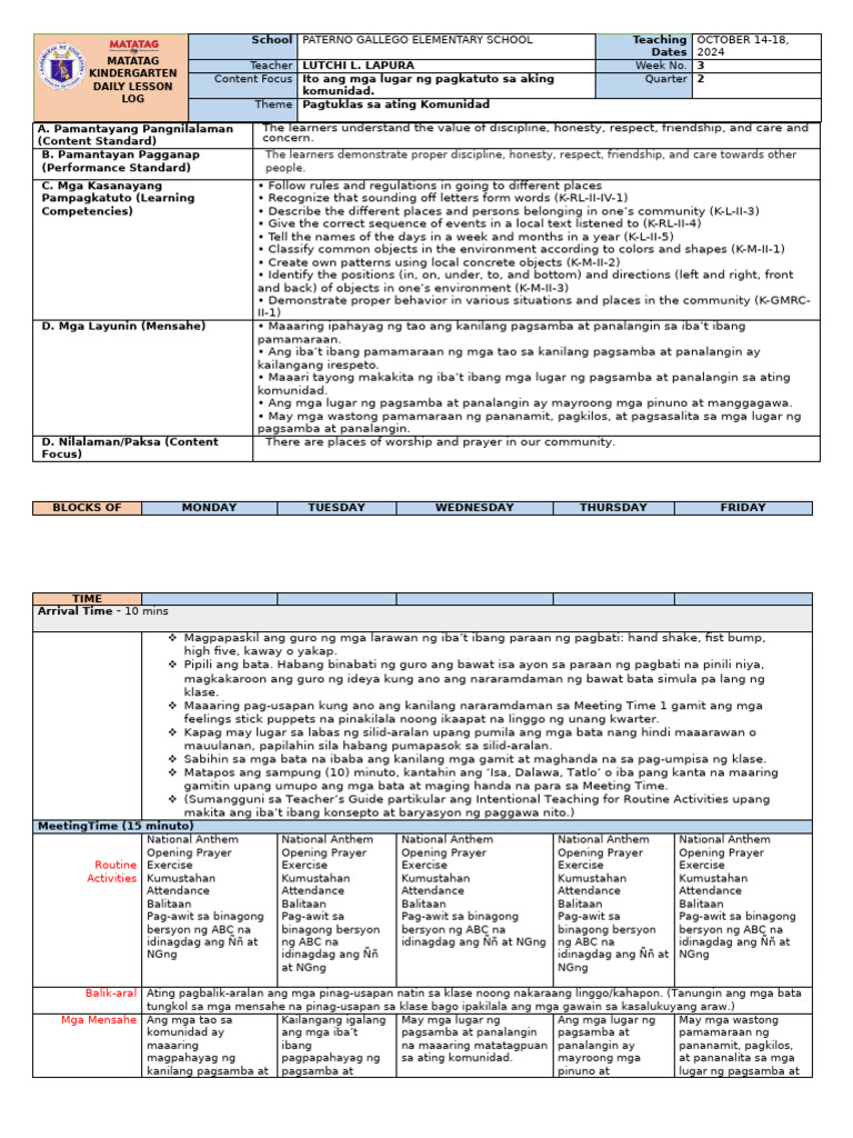 Kindergarten-DLL-Matatag-Q2 Week 3 | PDF