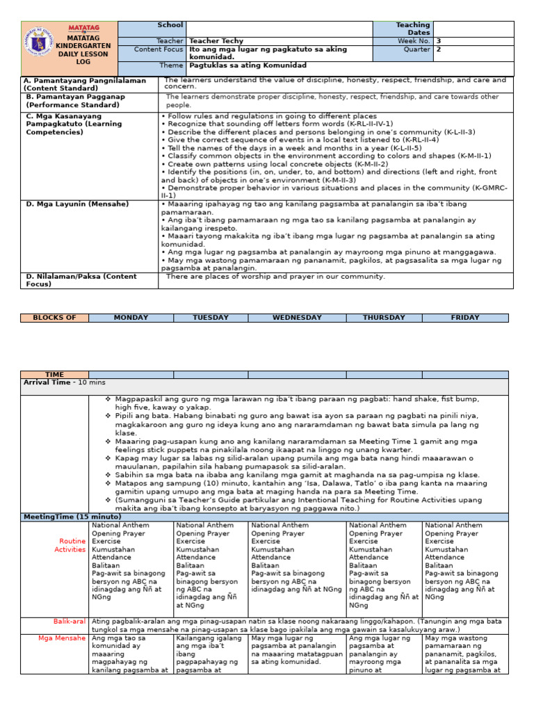Kindergarten-DLL-Matatag-Q2 Week 3 | PDF
