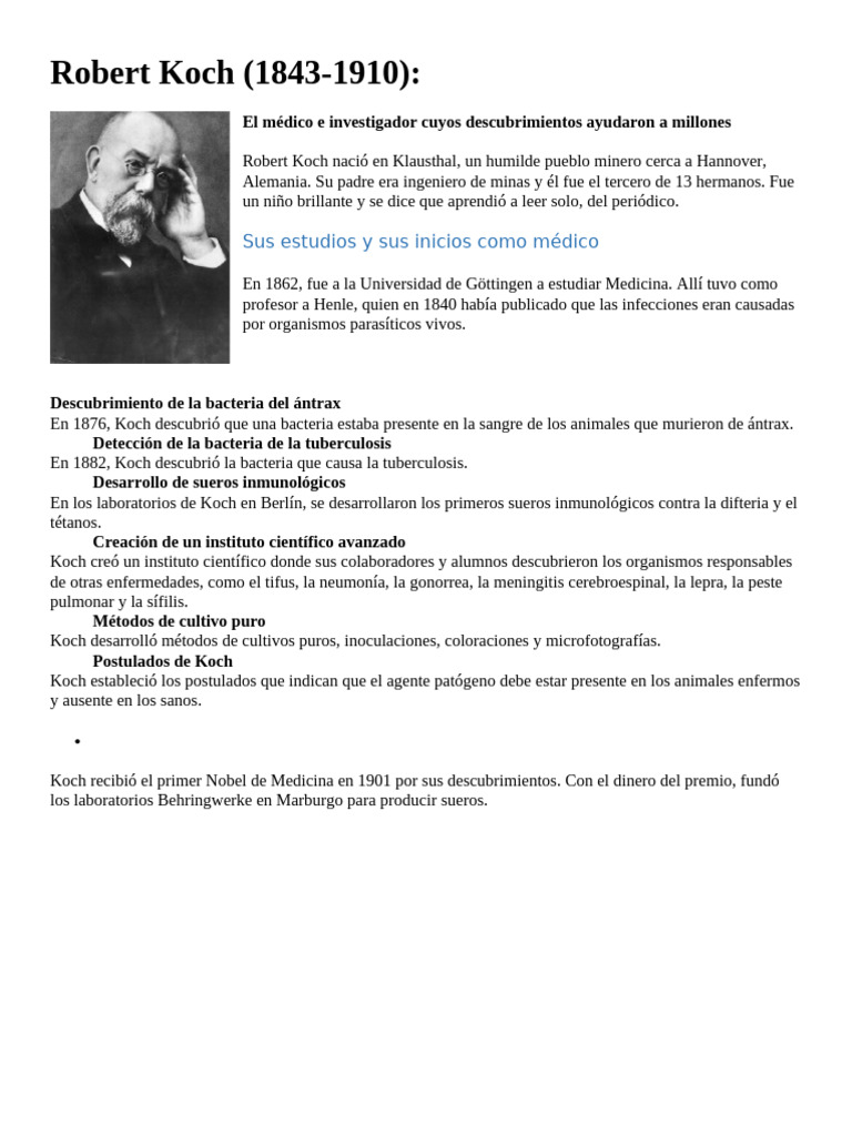 Robert Koch | PDF | Luis Pasteur | Especialidades Medicas
