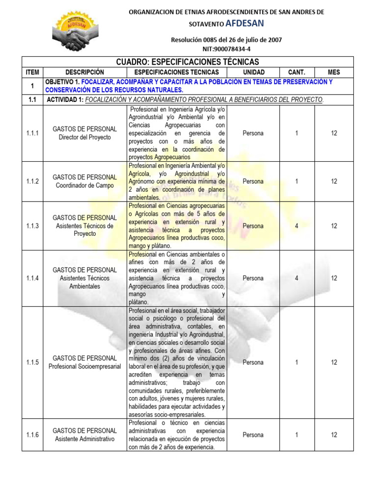 CUADRO Especificaciones Tecnicas | PDF | Tornillo | Agronegocios