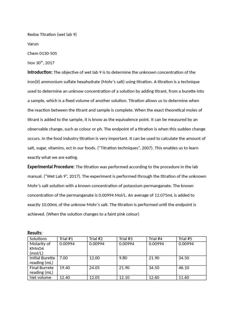 CHEM 0130 FORMAL LAB | PDF | Titration | Chemistry