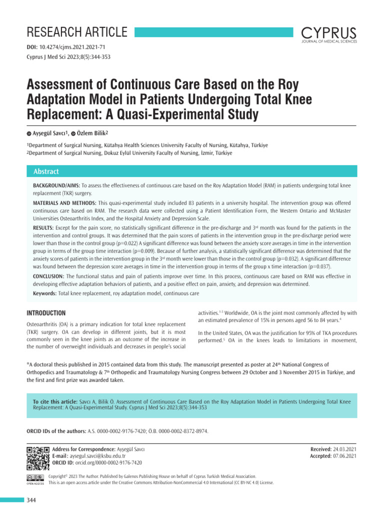 Assessment of Continuous Care Based On The Roy Adaptation Model in Patients Undergoing Total ...