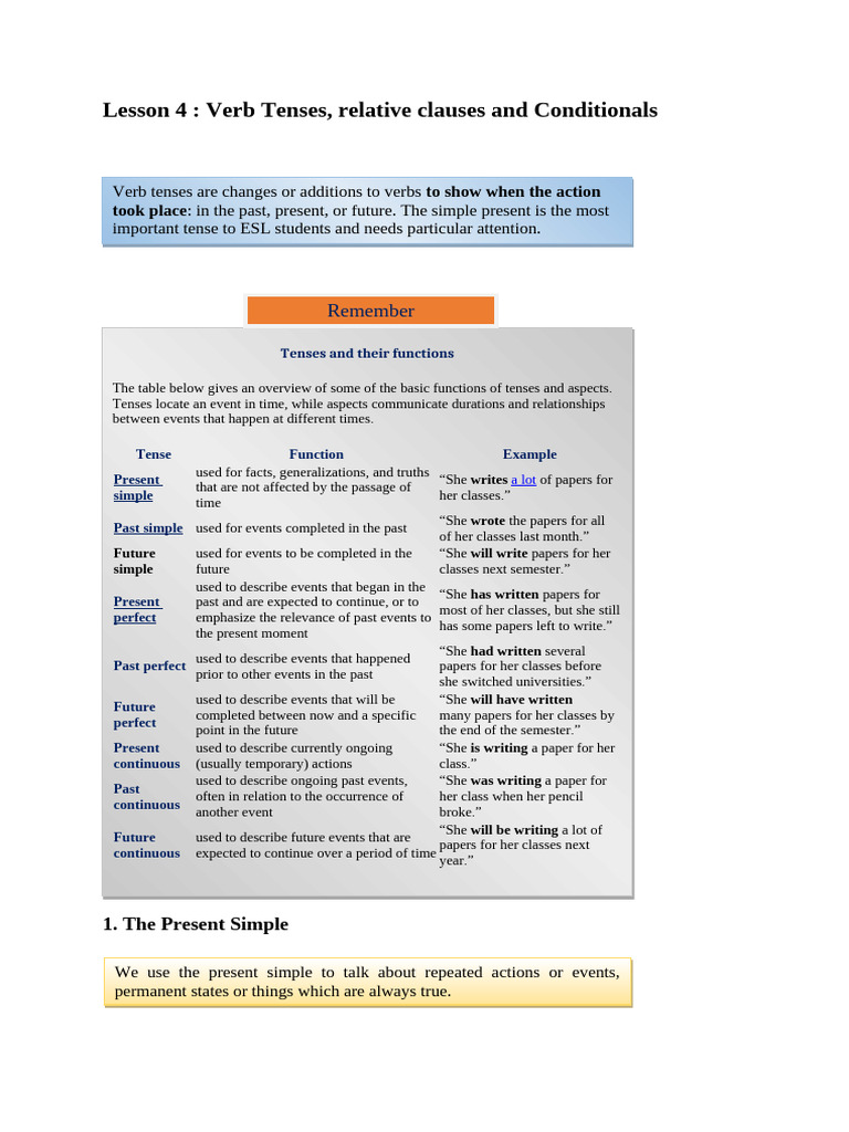 Verb Tenses, Relative Clauses and Conditionals | PDF | Grammatical Tense | Sentence (Linguistics)