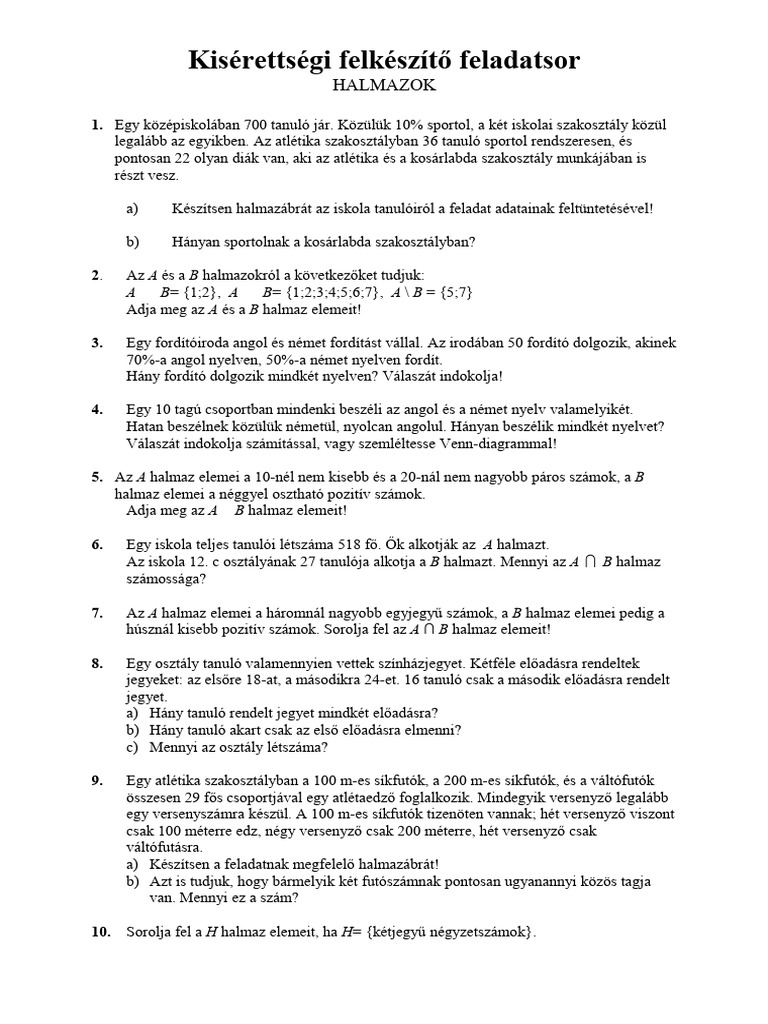 Halmazok Feladatsor | PDF