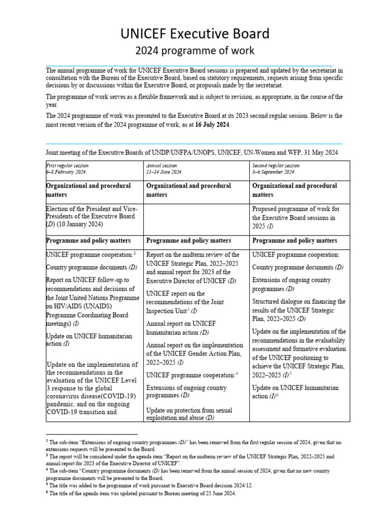 2024 UNICEF EB Programme of Work EN 2024 07 16 | PDF | Internal Audit