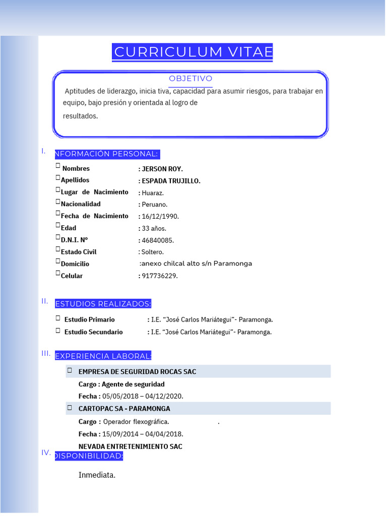 Currículum Vitae de Jerson Roy Espada | PDF