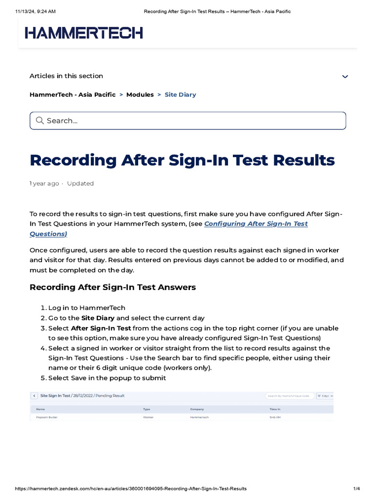 Recording After Sign-In Test Results - HammerTech - Asia Pacific | PDF ...
