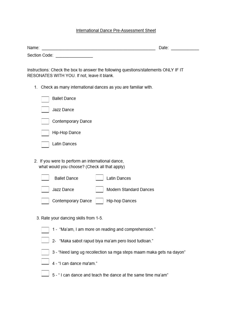 International Dance Pre-Assessment Sheet - Midterm | PDF | Career & Growth