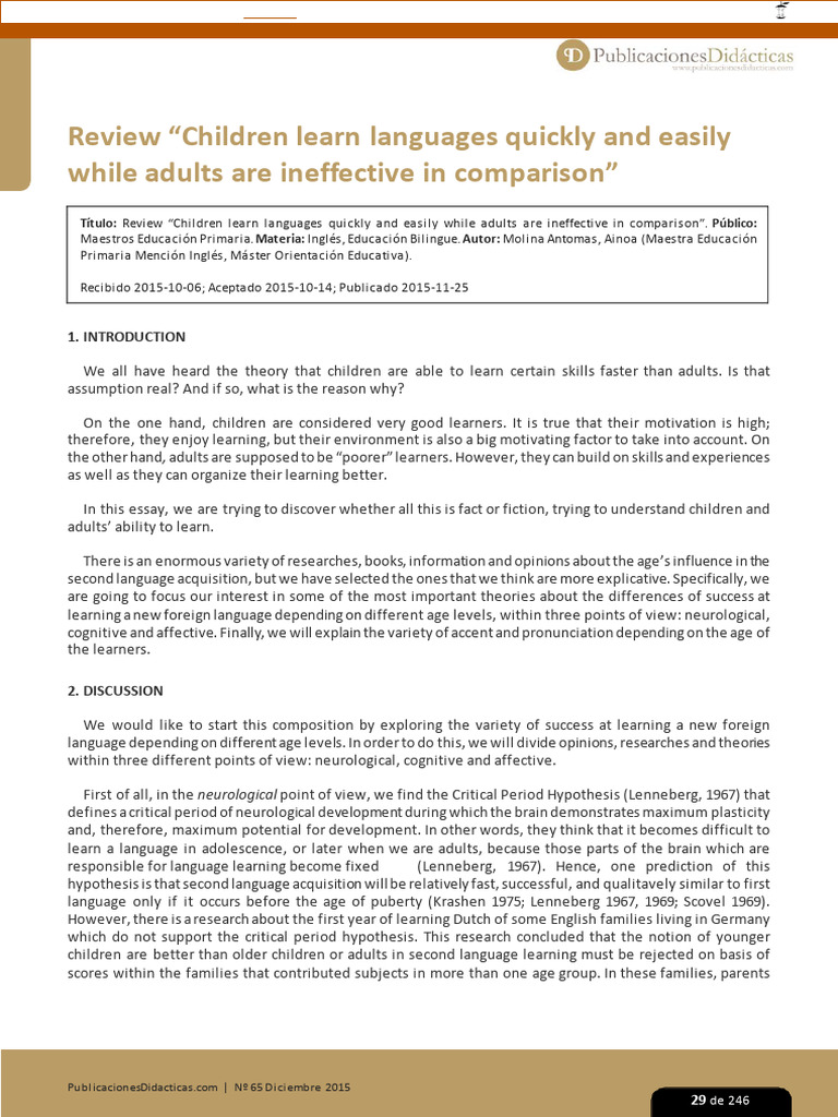 Review. Children Learn Languages Quickly and Easily While Adults Are ...