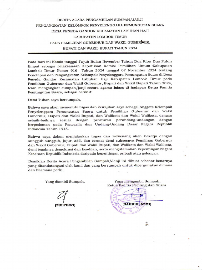 Berita Acara - Zulfikri - TPS 006 | PDF