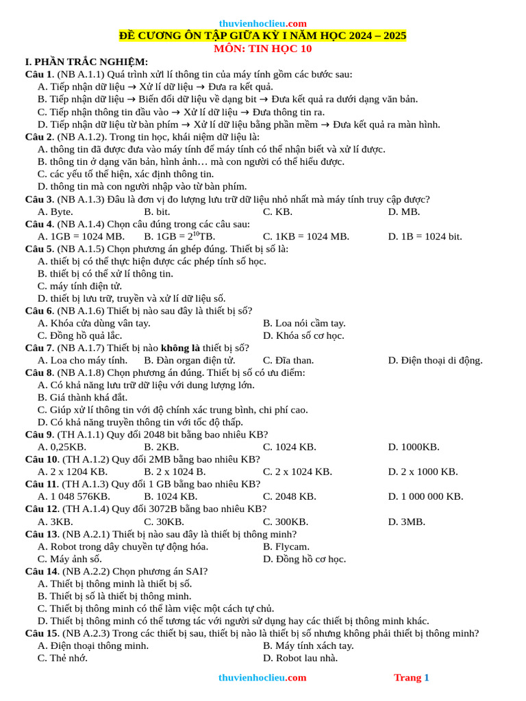 De Cuong On Tap Giua HK1 Tin 10 KNTT Tham Khao | PDF