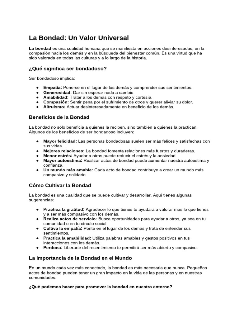 La Bondad - Un Valor Universal | PDF | Autoestima | Compasión