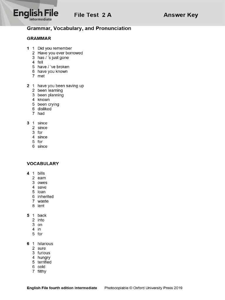 File Test 2 A Answer Key - Grammar, Vocabulary, and Pronunciation ...