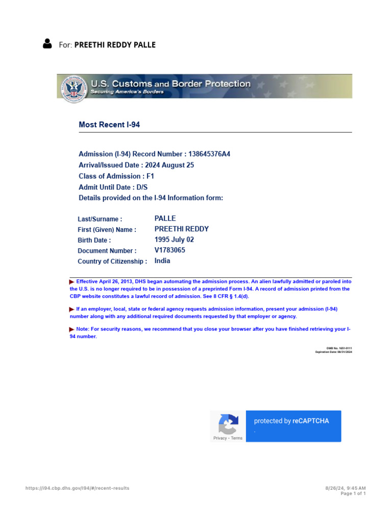 I-94 Admission Record for Preethi Reddy | PDF