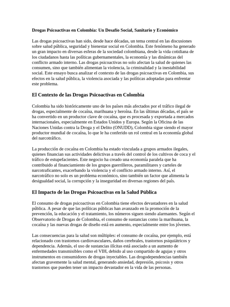 Drogas Psicoactivas en Colombia Ensayo 5t0 Colegio El Rosario | PDF | Comercio ilegal de drogas ...
