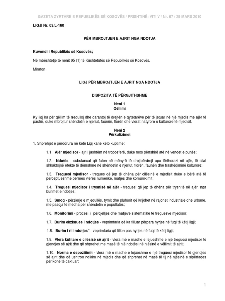 Ligji Nr. 03 L-160 Për Mbrojtjen e Ajrit Nga Ndotja | PDF