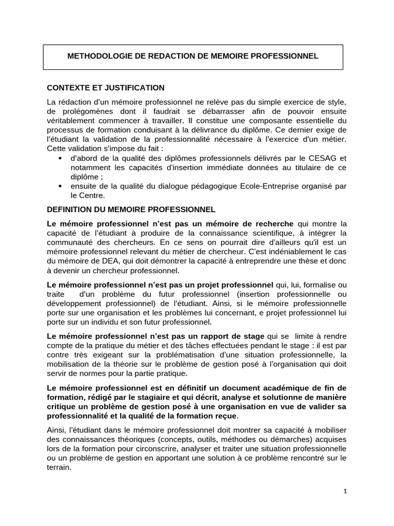 Méthodologie du Mémoire Professionnel | PDF | Mémoire