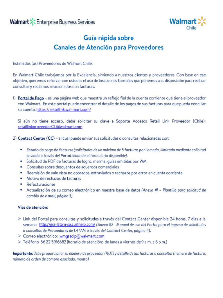 Walmart EBS LA Chile - Canales de Atención A Proveedores - Guía 2022 | PDF