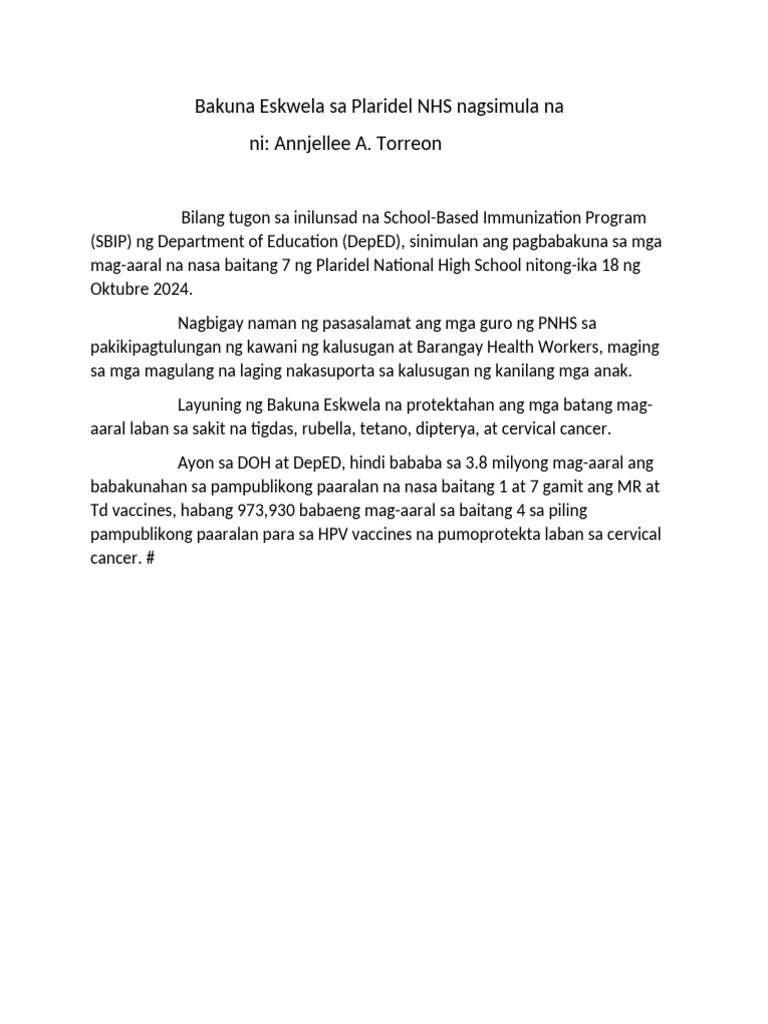 Bakuna Eskwela Sa PLaridel NHS Nagsimula Na | PDF