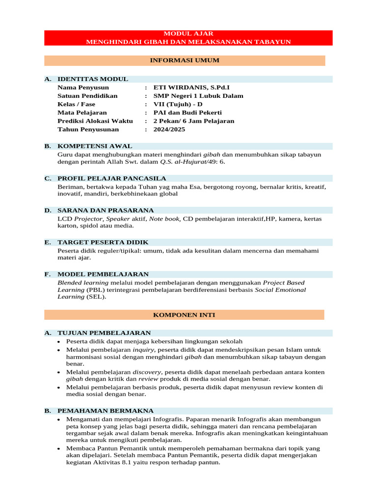 Modul Ajar Kelas 7 PAI - Bab 8 | PDF