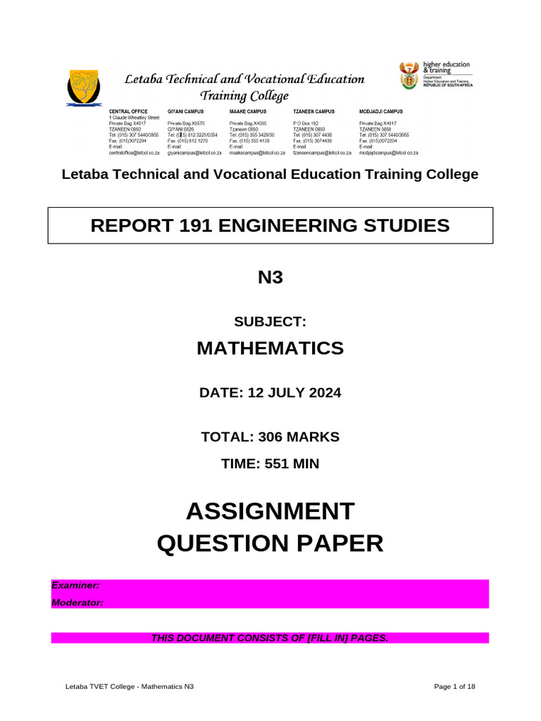 Mathematics N3 Assignment Overview | PDF | Line (Geometry) | Cartesian ...