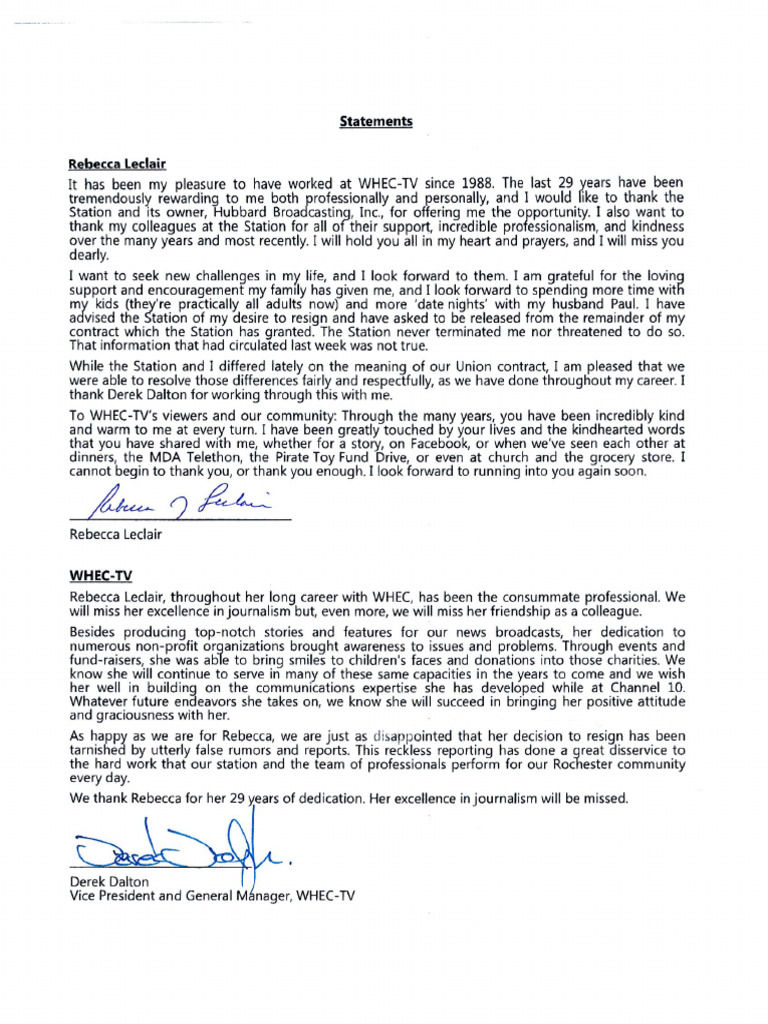 Statement WHEC-TV and Rebecca Leclair | PDF