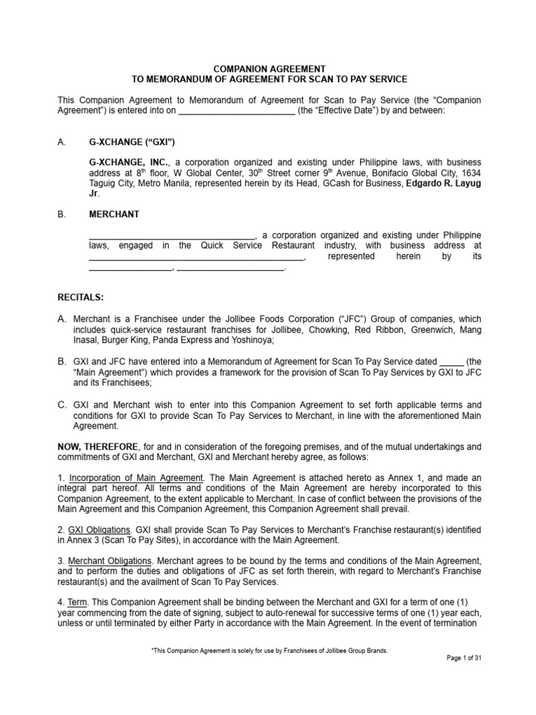 FILLABLE PRESIGNED JFC Companion Agreement w Main MOA Provisions | PDF ...