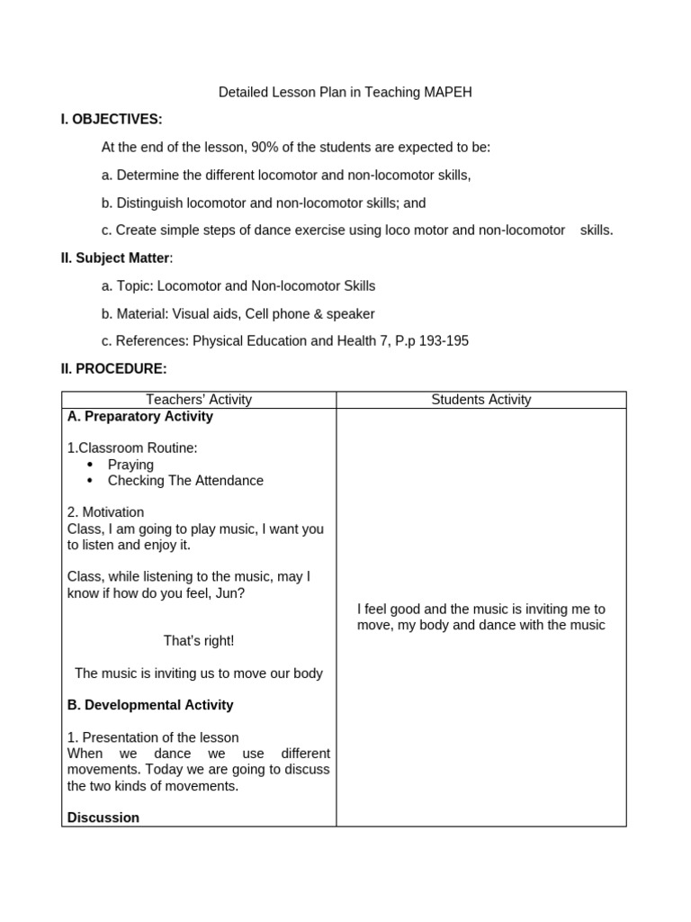 Detailed Lesson Plan in Teaching MAPEH | PDF | Lesson Plan