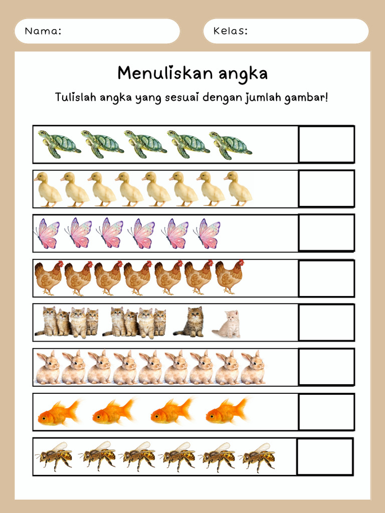 Lembar Kerja Melingkari Angka Sesuai Jumlah Peralatan Dapur Ilustrasi Cokelat Putih | PDF