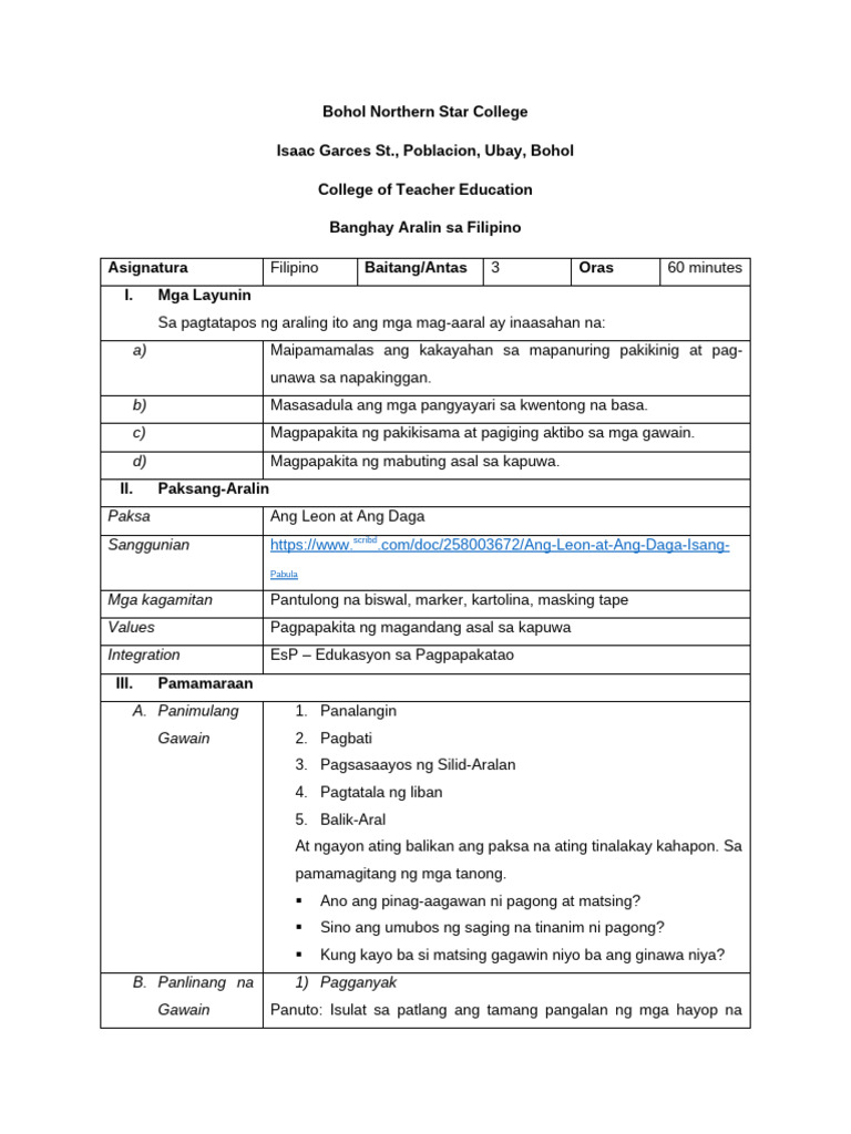 Filipino Lesson Plan Traditional | PDF