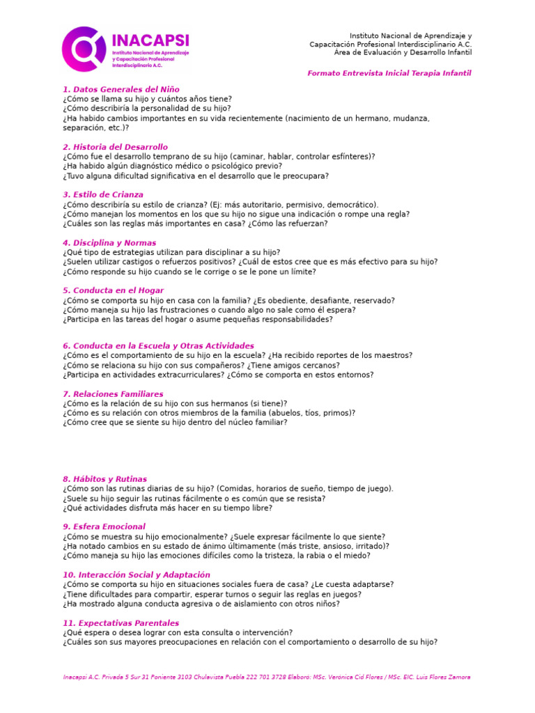 Formato Entrevista Inicial Terapia Infantil | PDF | Las emociones ...