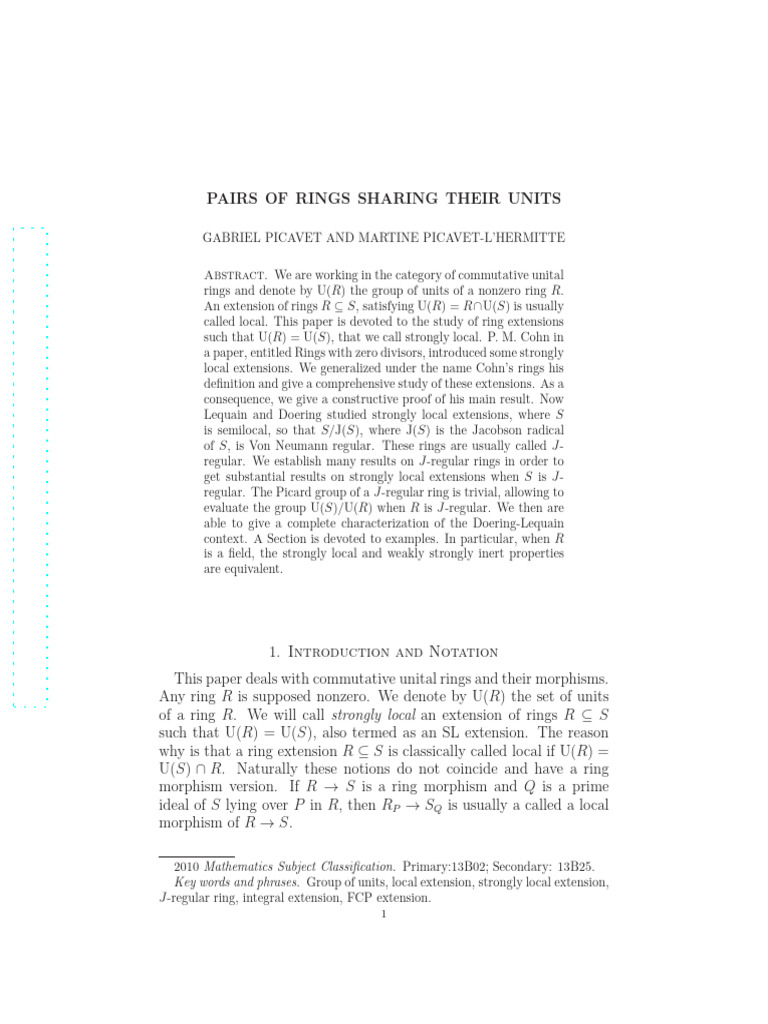 Pairs of Rings Sharing Their Units: R R R S R R S R S | PDF | Ring ...