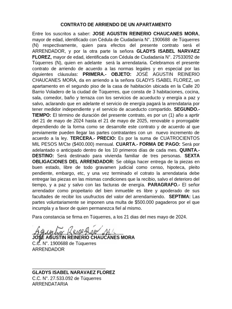 Contrato de Arriendo de Un Apartamento - Gladys Narvaez | PDF | Derecho ...