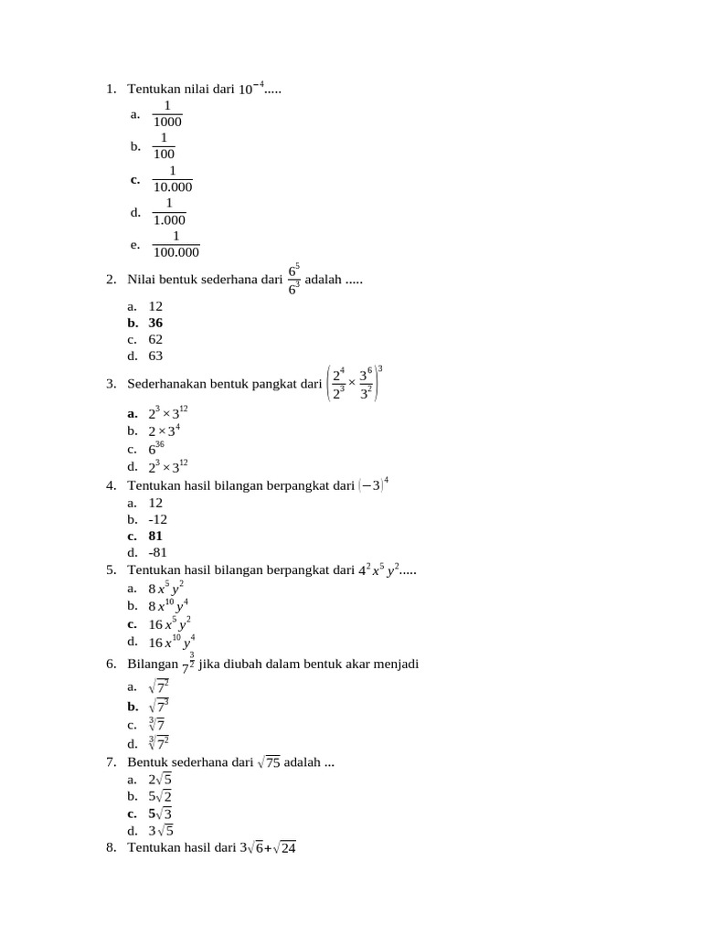15 Soal Uas SMP Kelas 8 Materi Bilangan Berpangkat | PDF