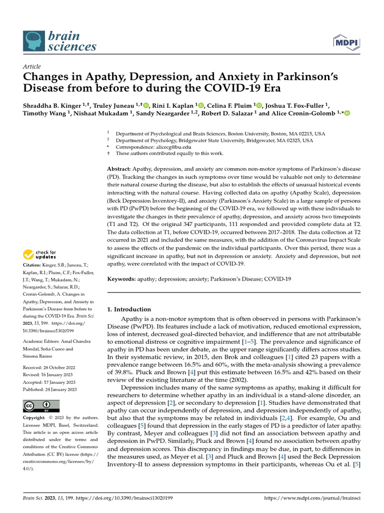 Changes in Apathy, Depression, and Anxiety in Parkinson's Disease From ...