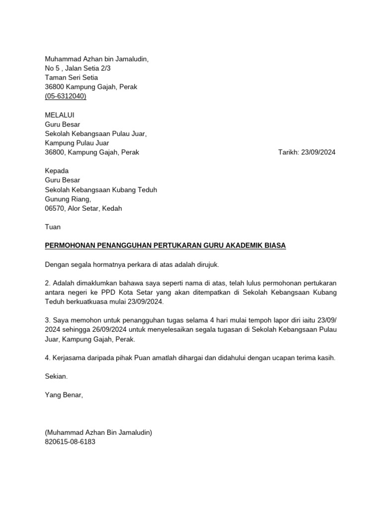 Surat Penangguhan Daftar Sekolah (Azhan) | PDF