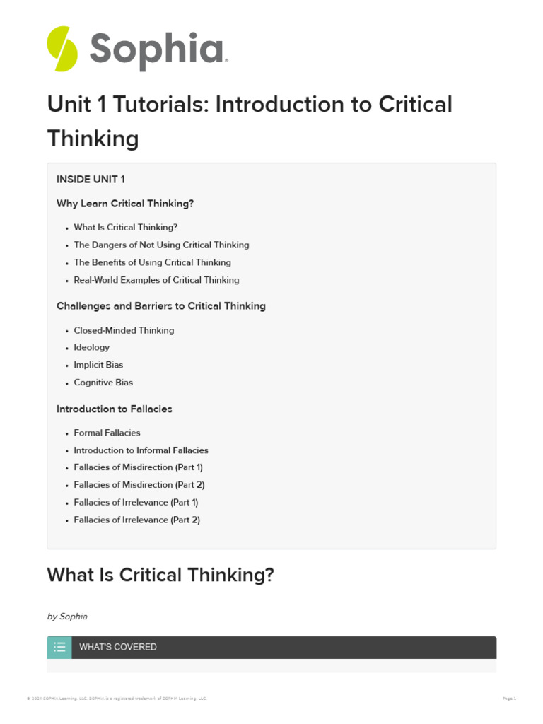 Unit 1 Tutorials Introduction To Critical Thinking | PDF | Critical Thinking | Logic