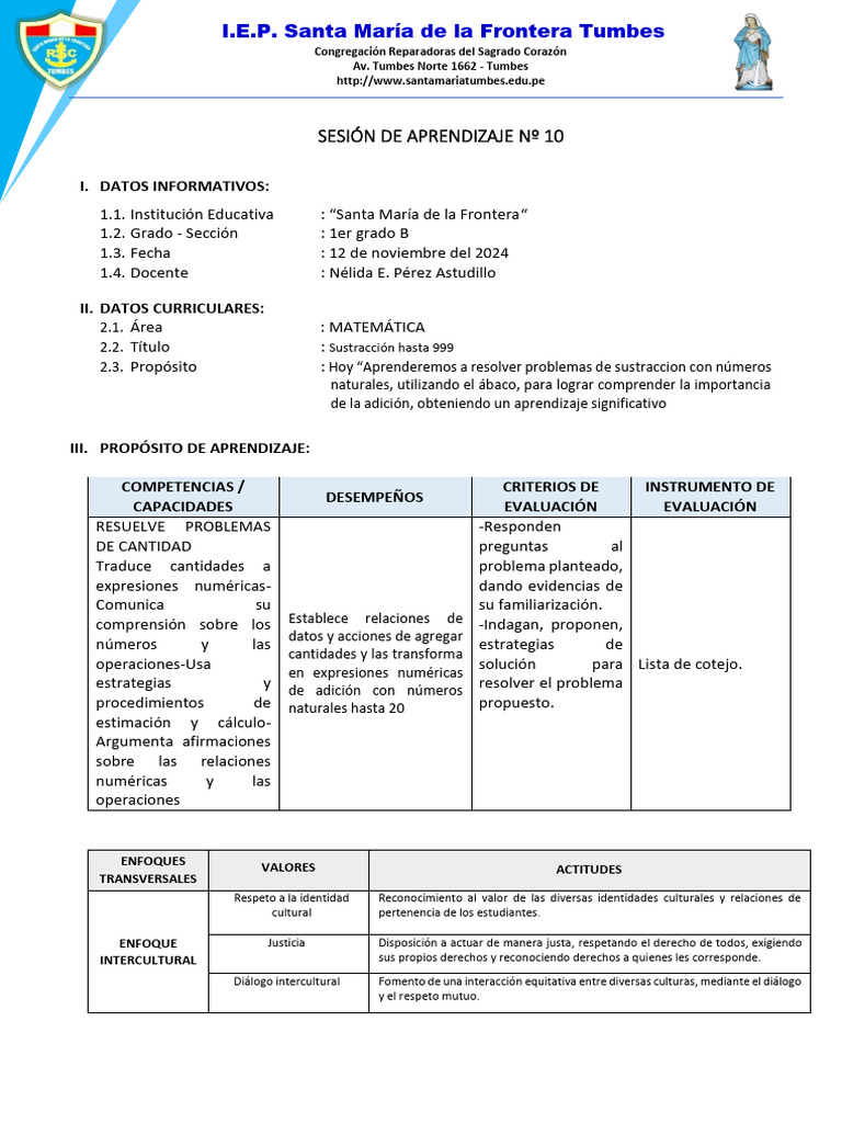 Sesión de Aprendizaje Matem. | PDF | Aprendizaje | Evaluación