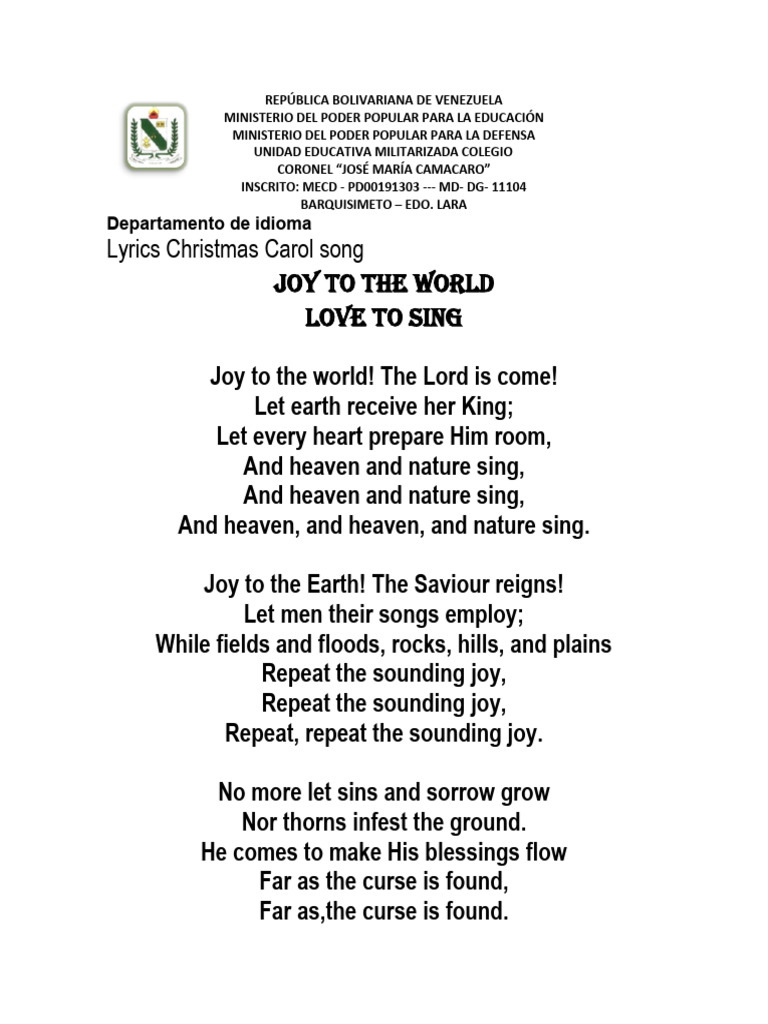 Lyrics Christmas Carol Song: Joy To The World Love To Sing | PDF ...