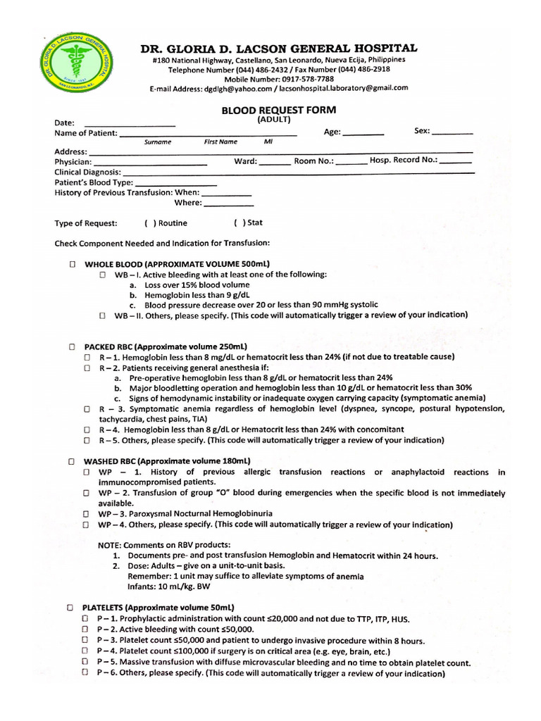 Blood Request Form New PJG Adult | PDF