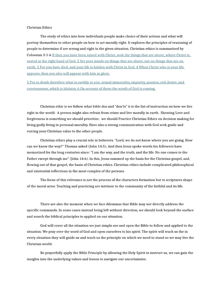 Christian Ethics Reflection Paper | PDF | Christian Ethics | Bible