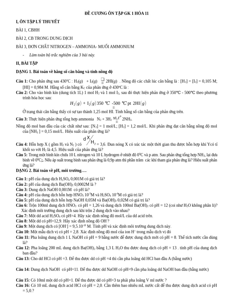 Đề Cương GK1 HÓA 11 | PDF