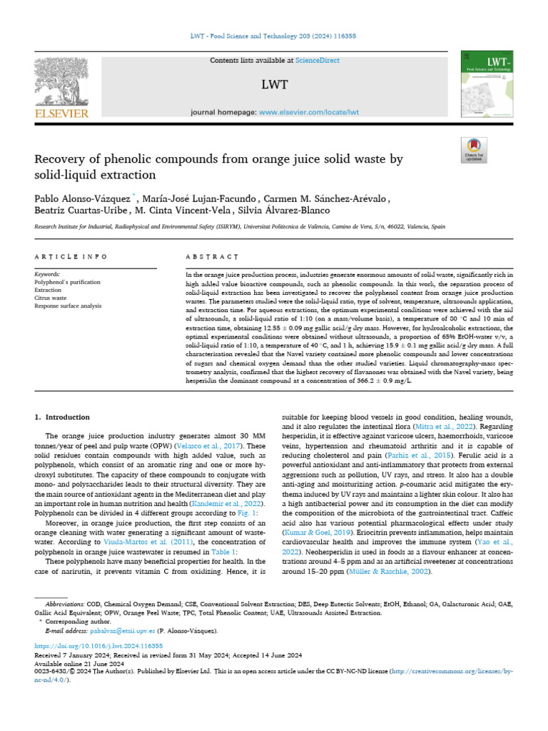 Recovery of Phenolic Compounds From Orange Juice Solid Waste by Solid ...