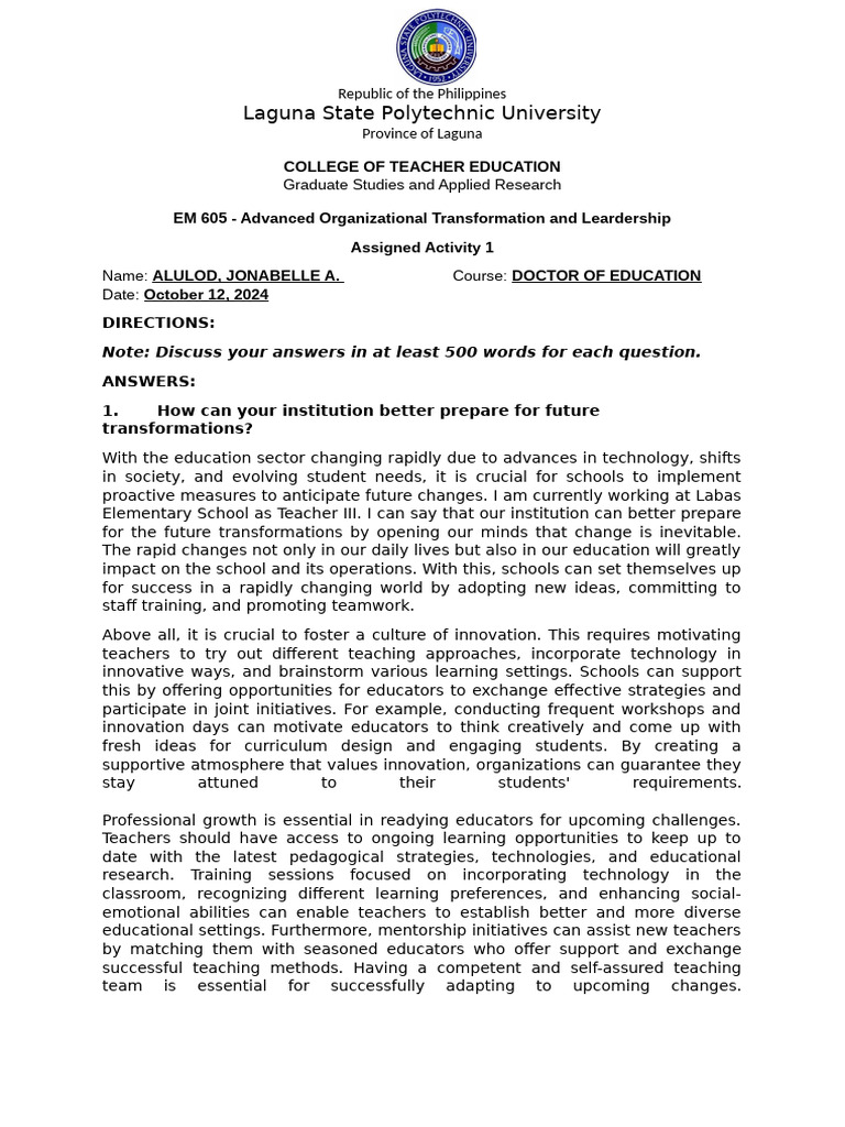 EM605_ACTIVITY1 | PDF | Teachers | Learning