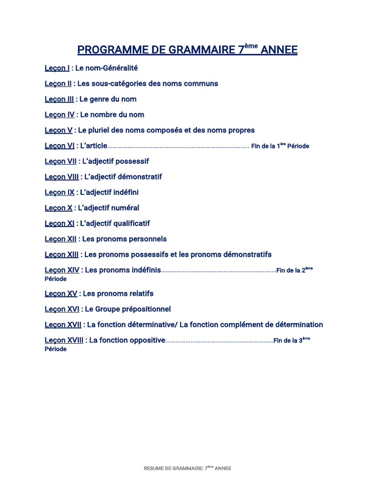 Grammaire 7ème année : Noms et genres | PDF | Pronom | Genre grammatical